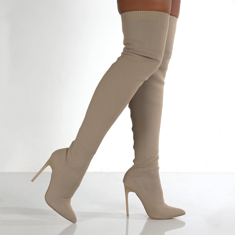 Women's Lightweight Above Knee High Heel Sock Boots