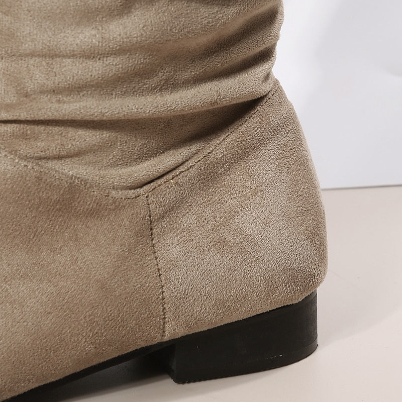 Women's Pleated Low Heel Knee High Microfiber Boots