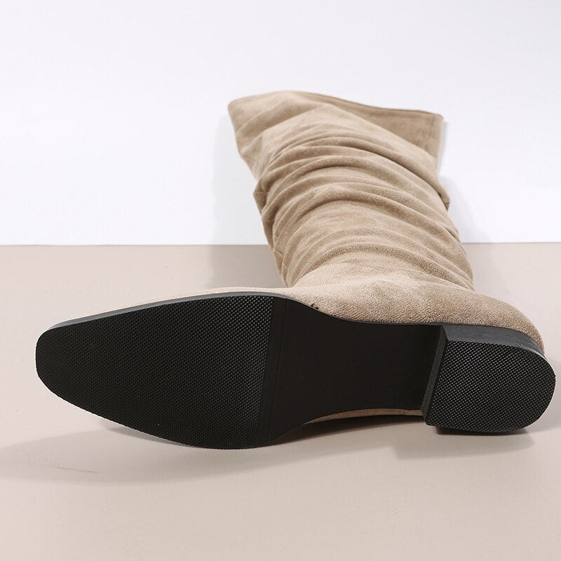 Women's Pleated Low Heel Knee High Microfiber Boots