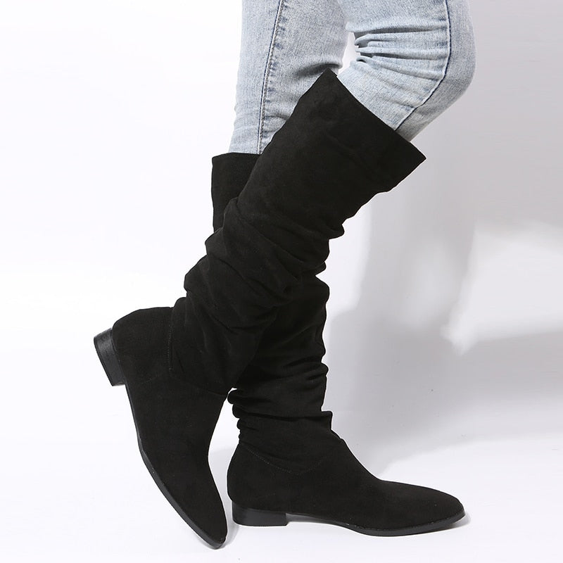 Women's Pleated Low Heel Knee High Microfiber Boots